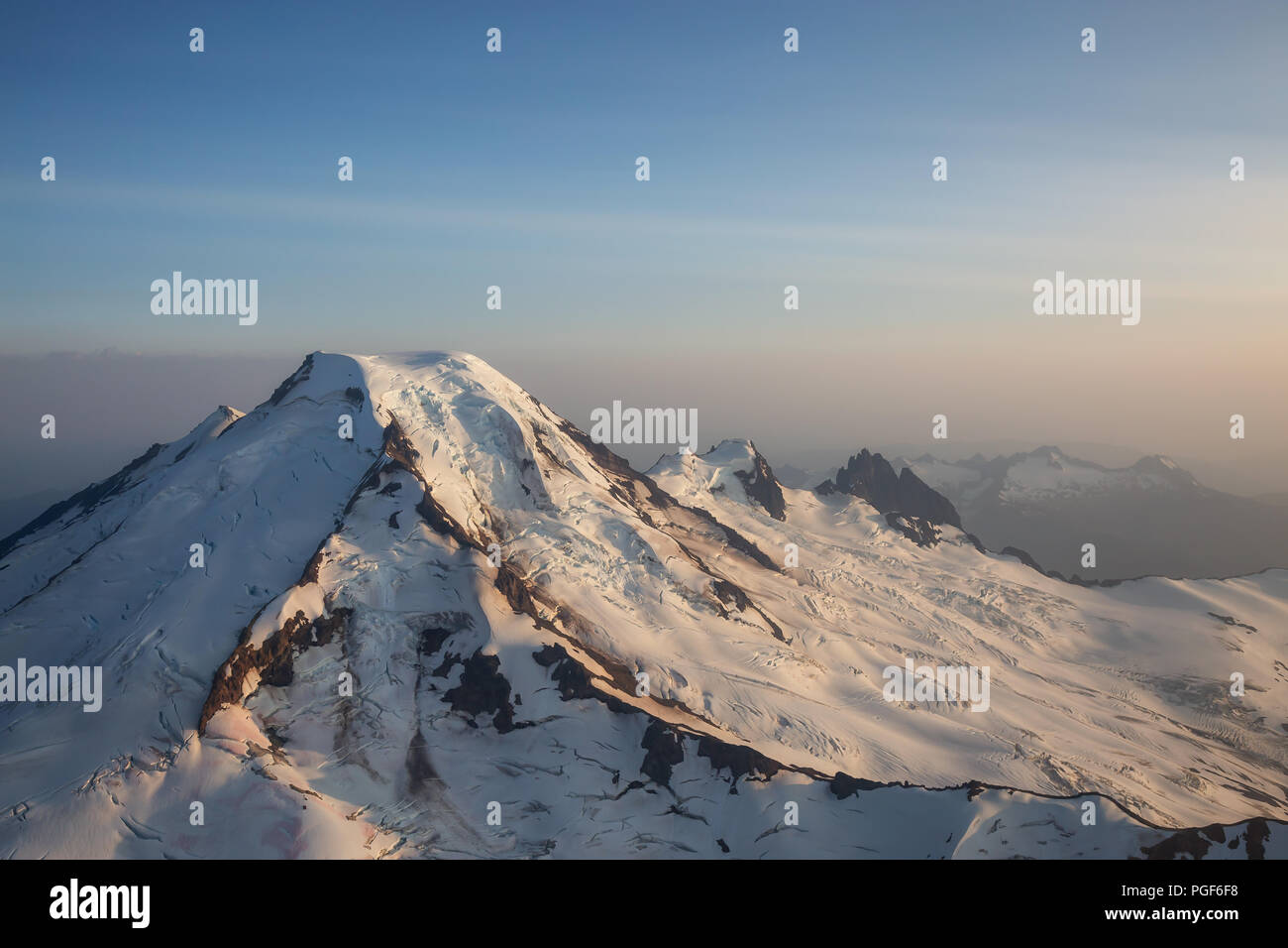 Aerial landscape view of the Mount Baker during a vibrant summer sunset ...
