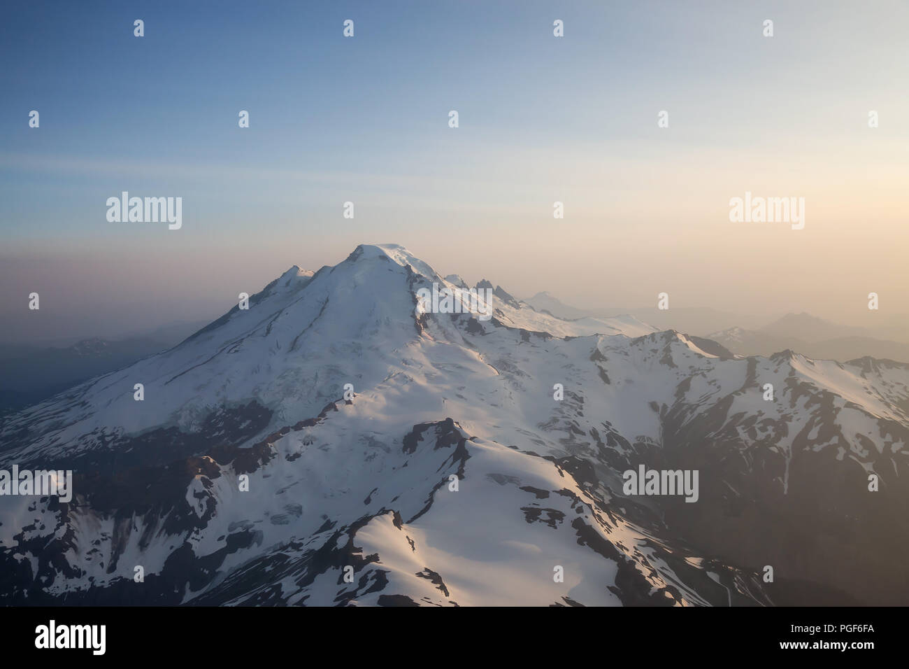 Aerial landscape view of the Mount Baker during a vibrant summer sunset ...
