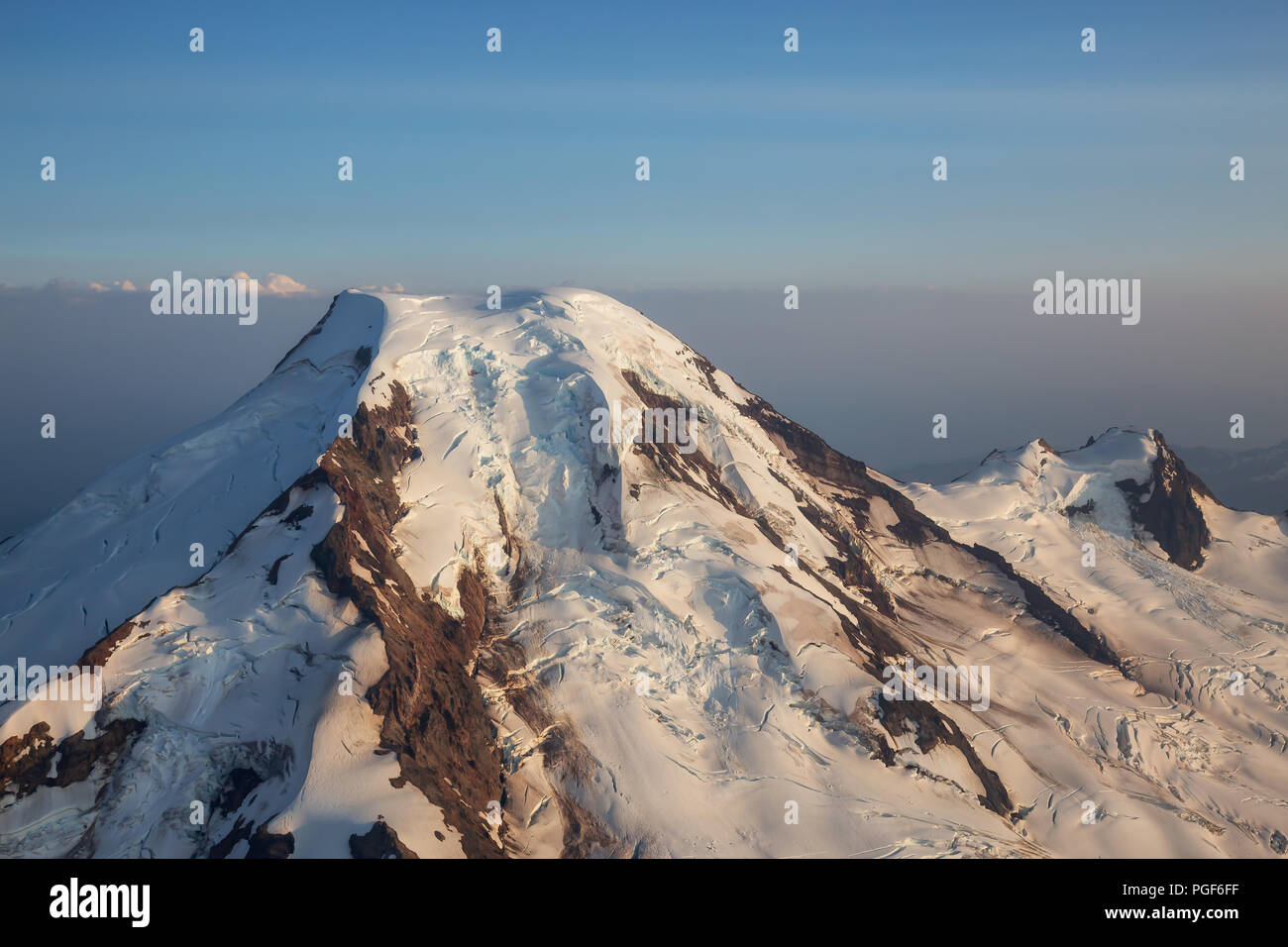 Aerial landscape view of the Mount Baker during a vibrant summer sunset ...
