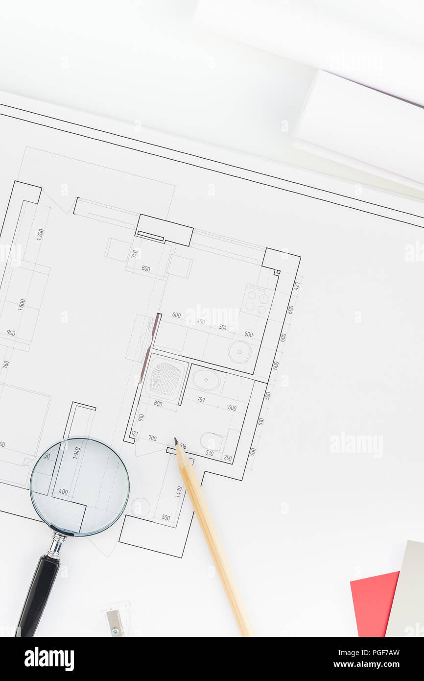Creative flat lay overhead top view blueprints architectural flat ...