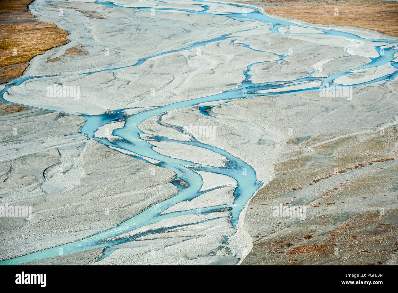 Aerial view of the Tasman River headwaters in Mount Cook National Park ...