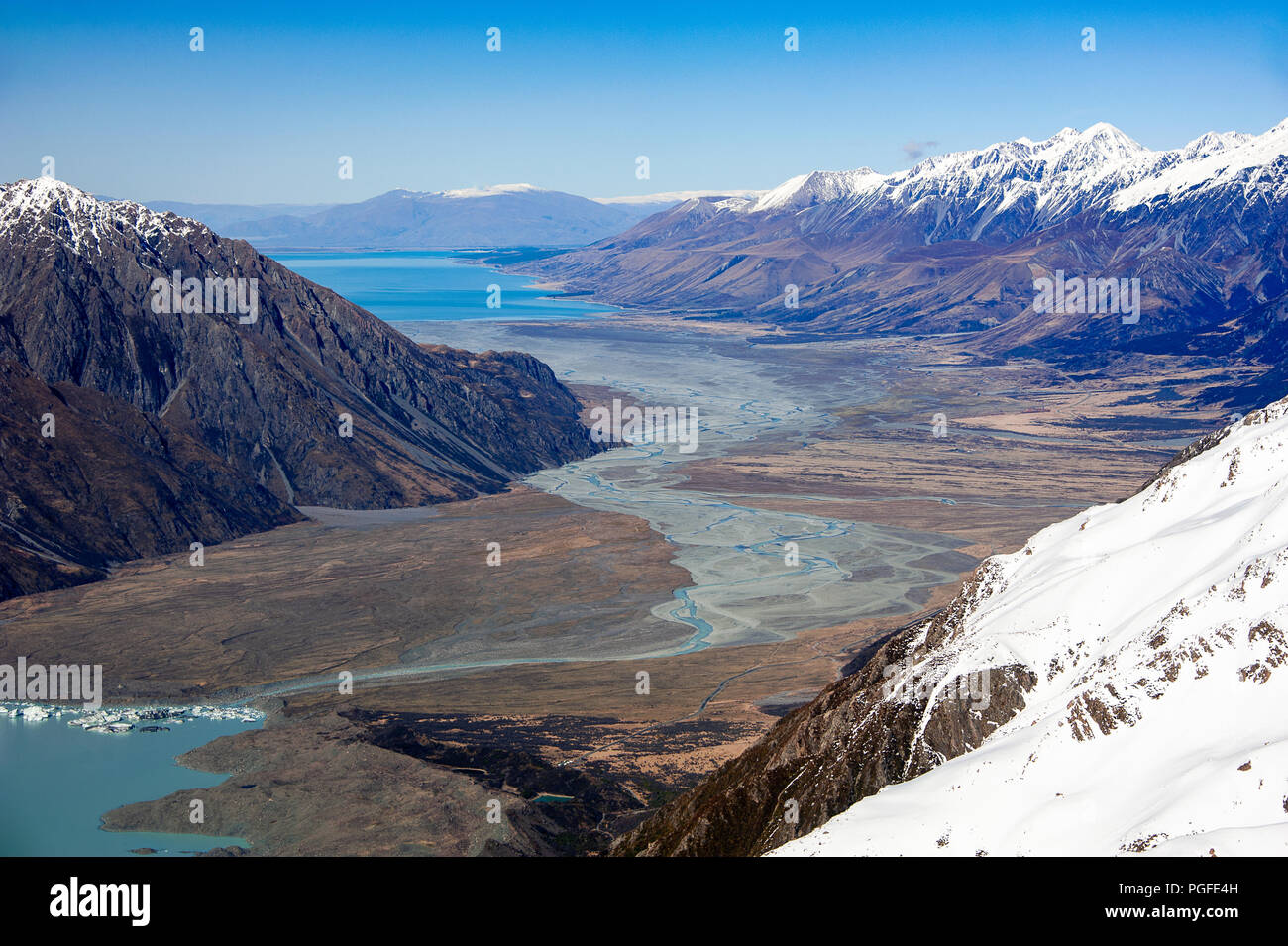Aerial view of the Tasman River headwaters in Mount Cook National Park ...