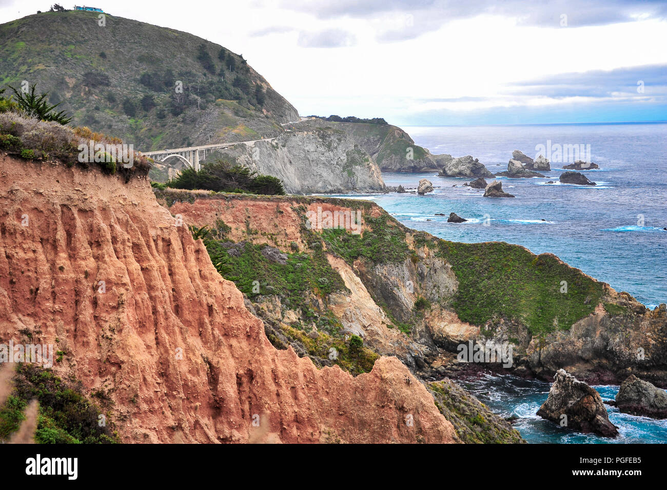 Aerial view of Bixby Creek Bridge, Cabrillo Highway 1, California, USA ...