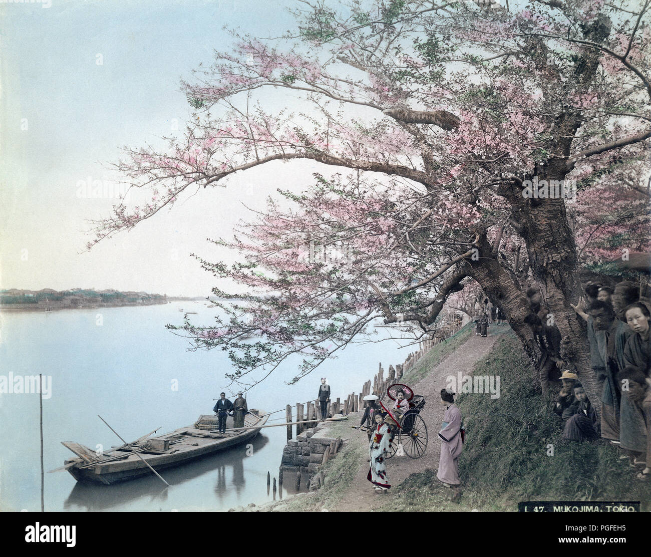 [ c. 1880s Japan - Mukojima Ferry in Tokyo ] — A few women in kimono ...