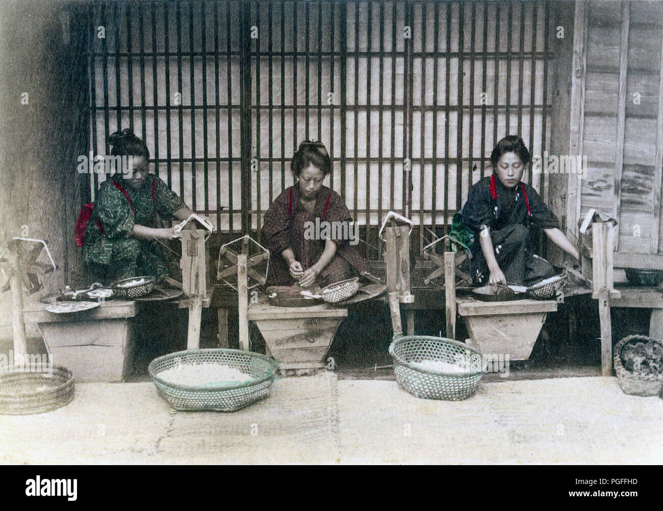[ c. 1890s Japan - Japanese Silk Cultivation ] — Three women spinning ...