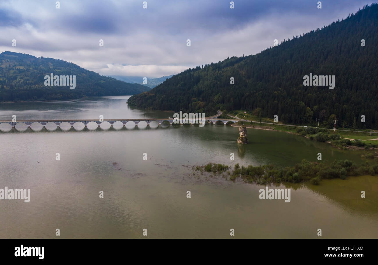 Bicaz lake and viaduct, aerial view. Romania Stock Photo - Alamy