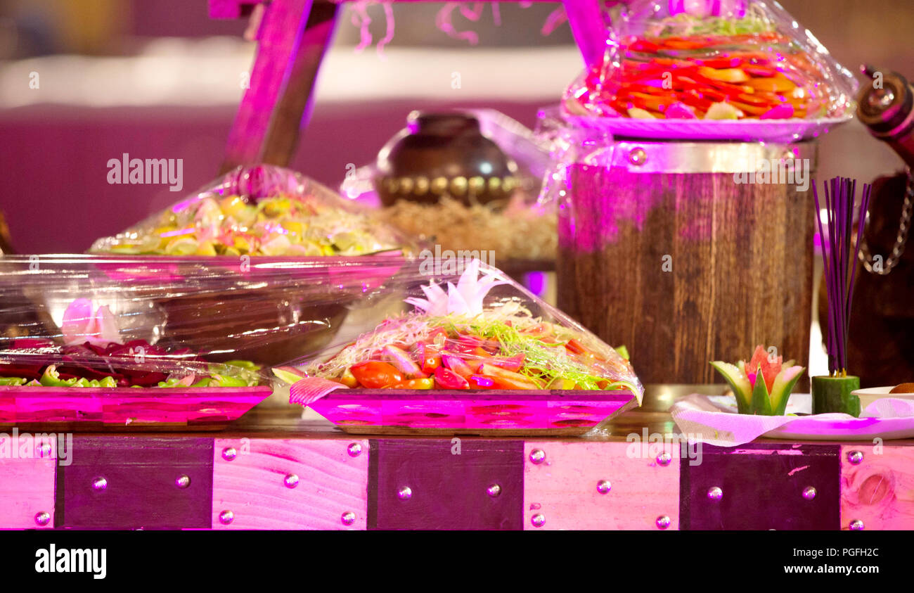 Beautifully decorated catering banquet table with variety of different ...