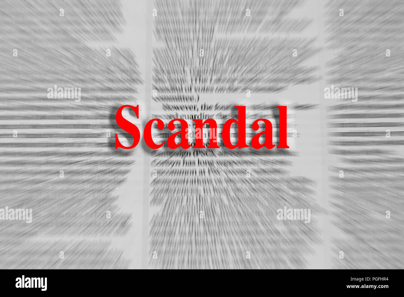 Scandal written in red with a newspaper article blurred in the ...
