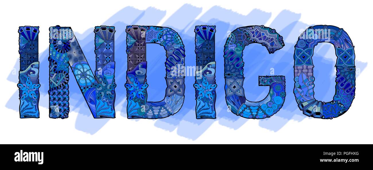Hand-painted art design. Hand drawn illustration word INDIGO for t ...
