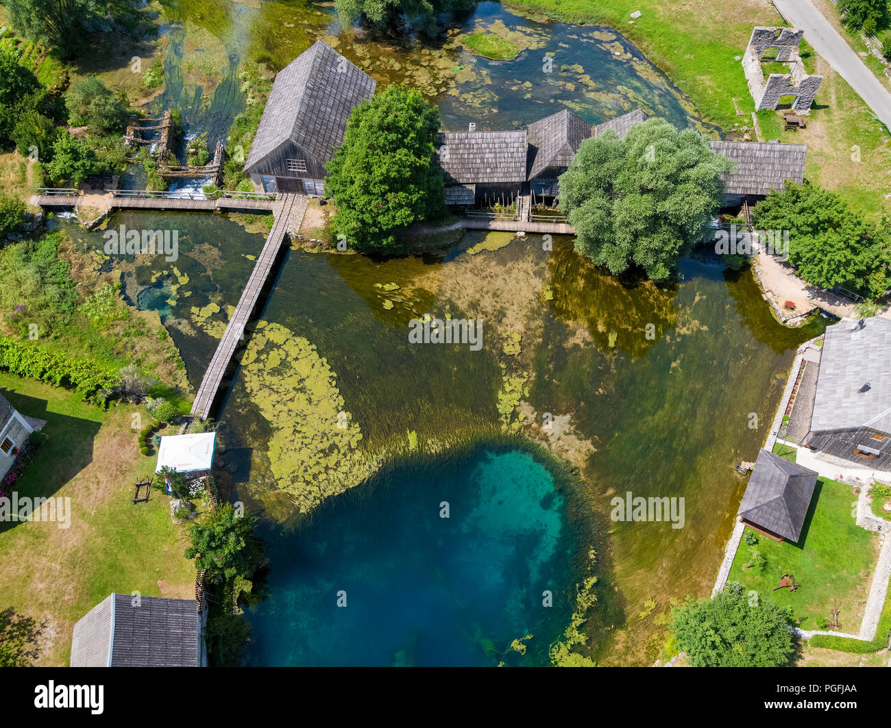 Aerial view of watermills on Majerovo vrilo, the source of the Gacka ...