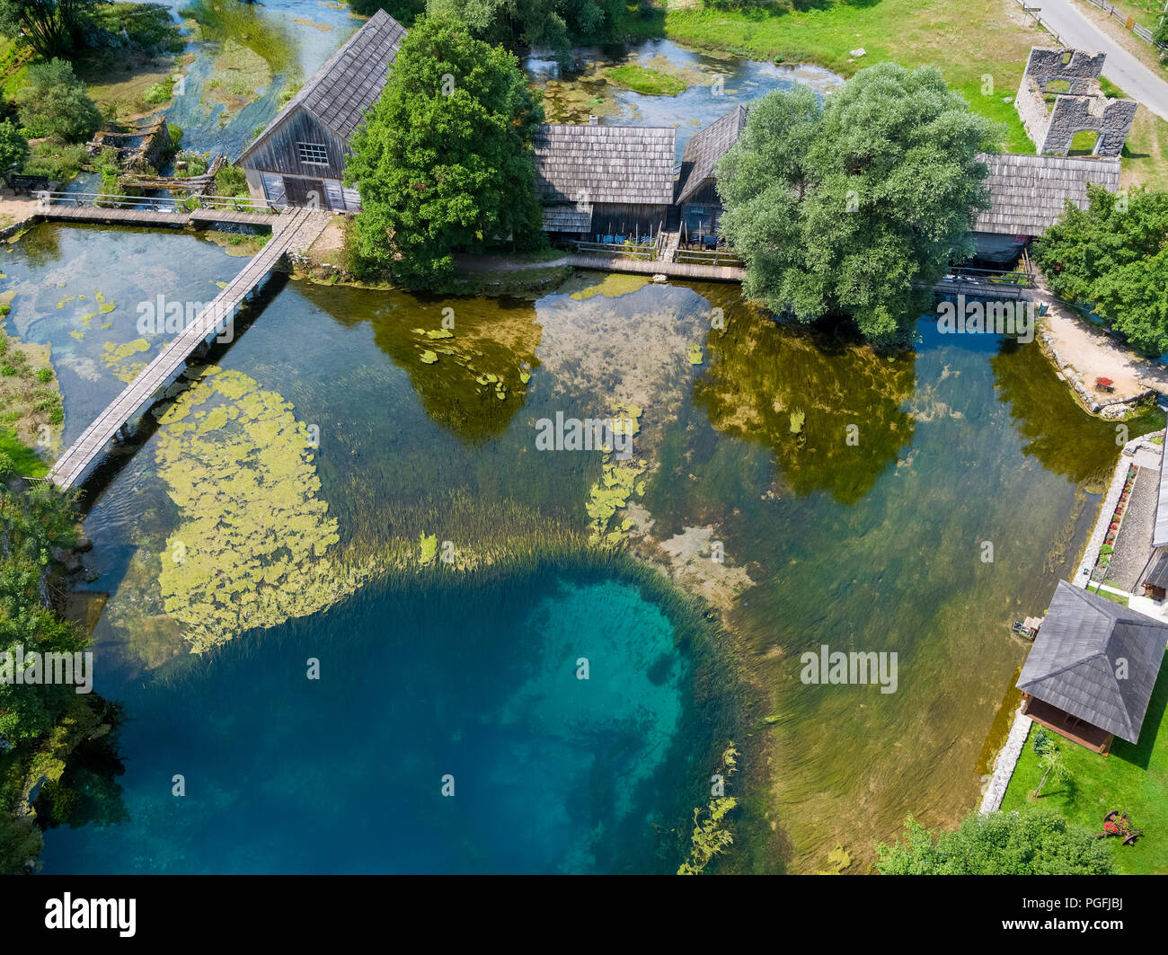 Aerial view of watermills on Majerovo vrilo, the source of the Gacka ...
