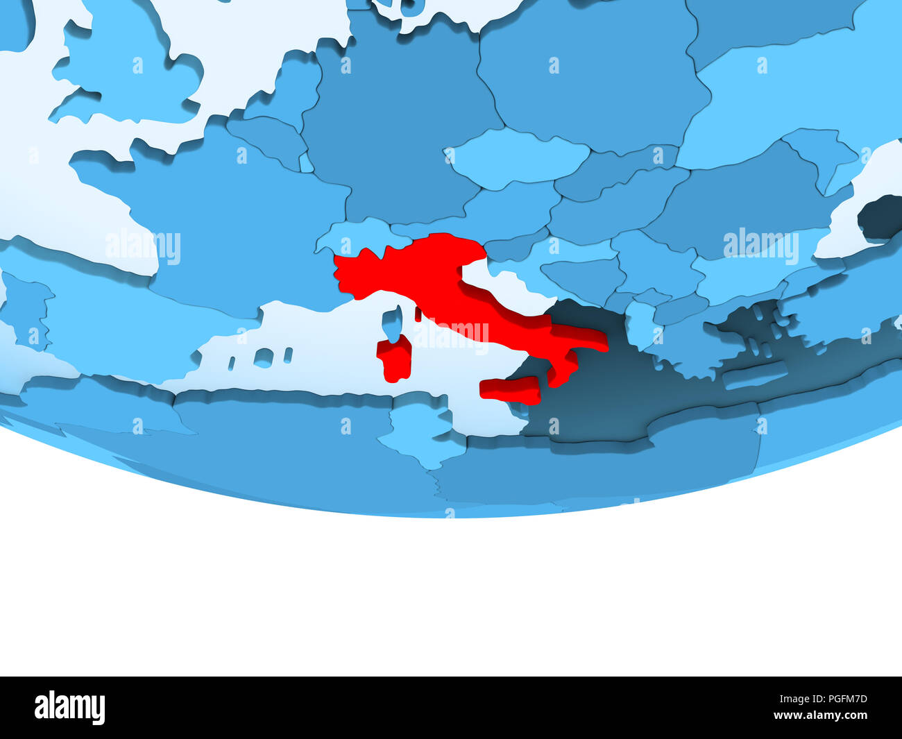 Illustration of Italy highlighted in red on blue globe with transparent ...