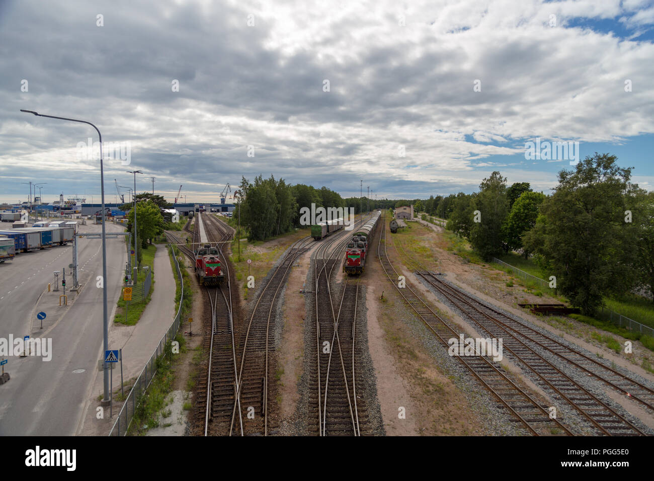 Editorial 07.06.2018 Hanko Finland, rail yard with trains on a summer ...