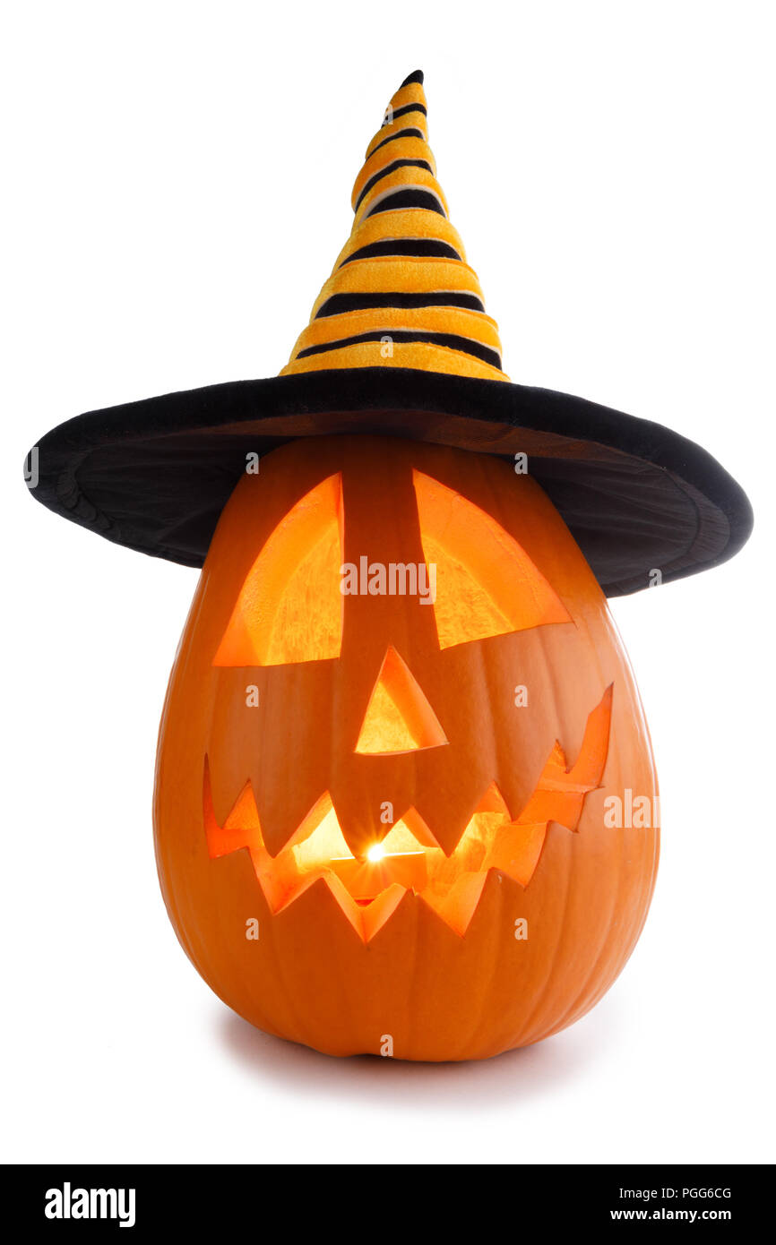 Jack O Lantern Halloween pumpkin with witches hat isolated on white ...