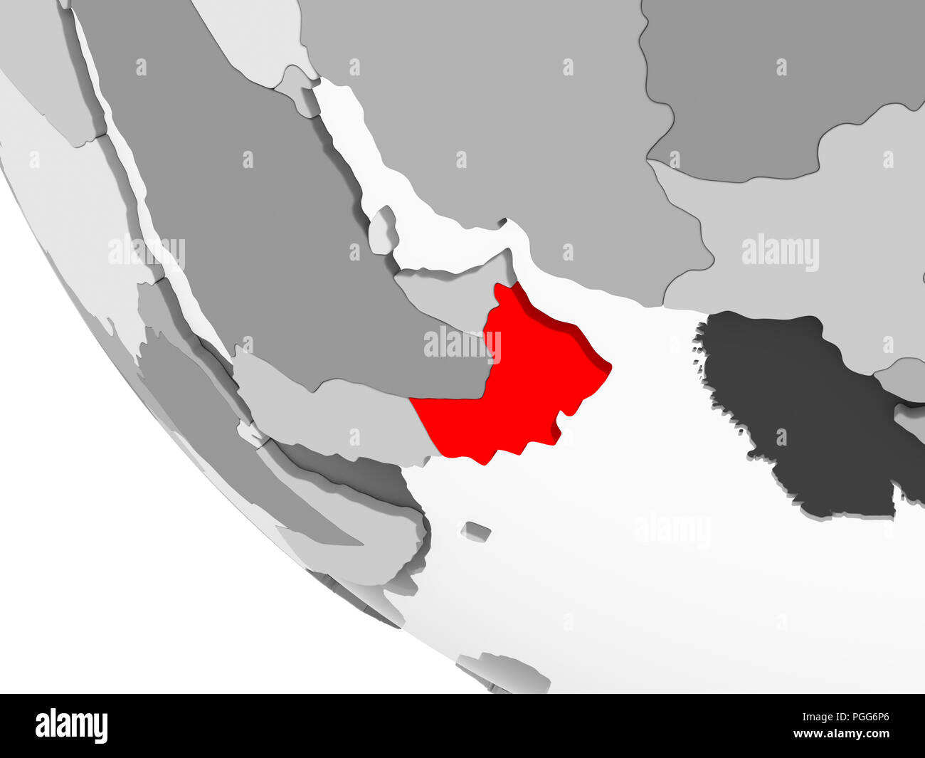 Oman in red on simple grey political globe with visible country borders ...