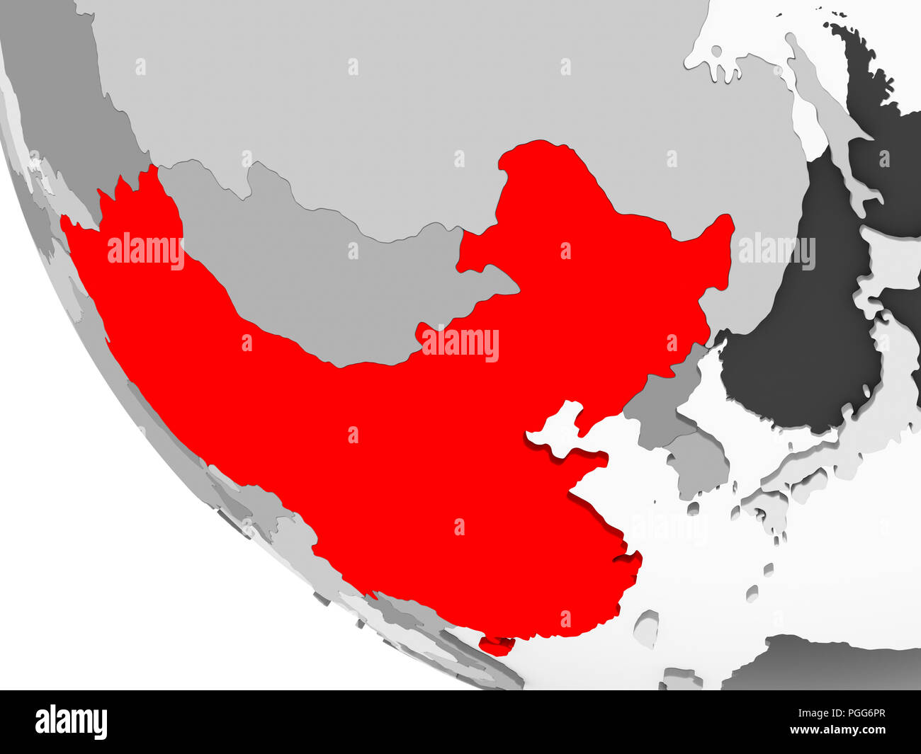 China in red on simple grey political globe with visible country ...