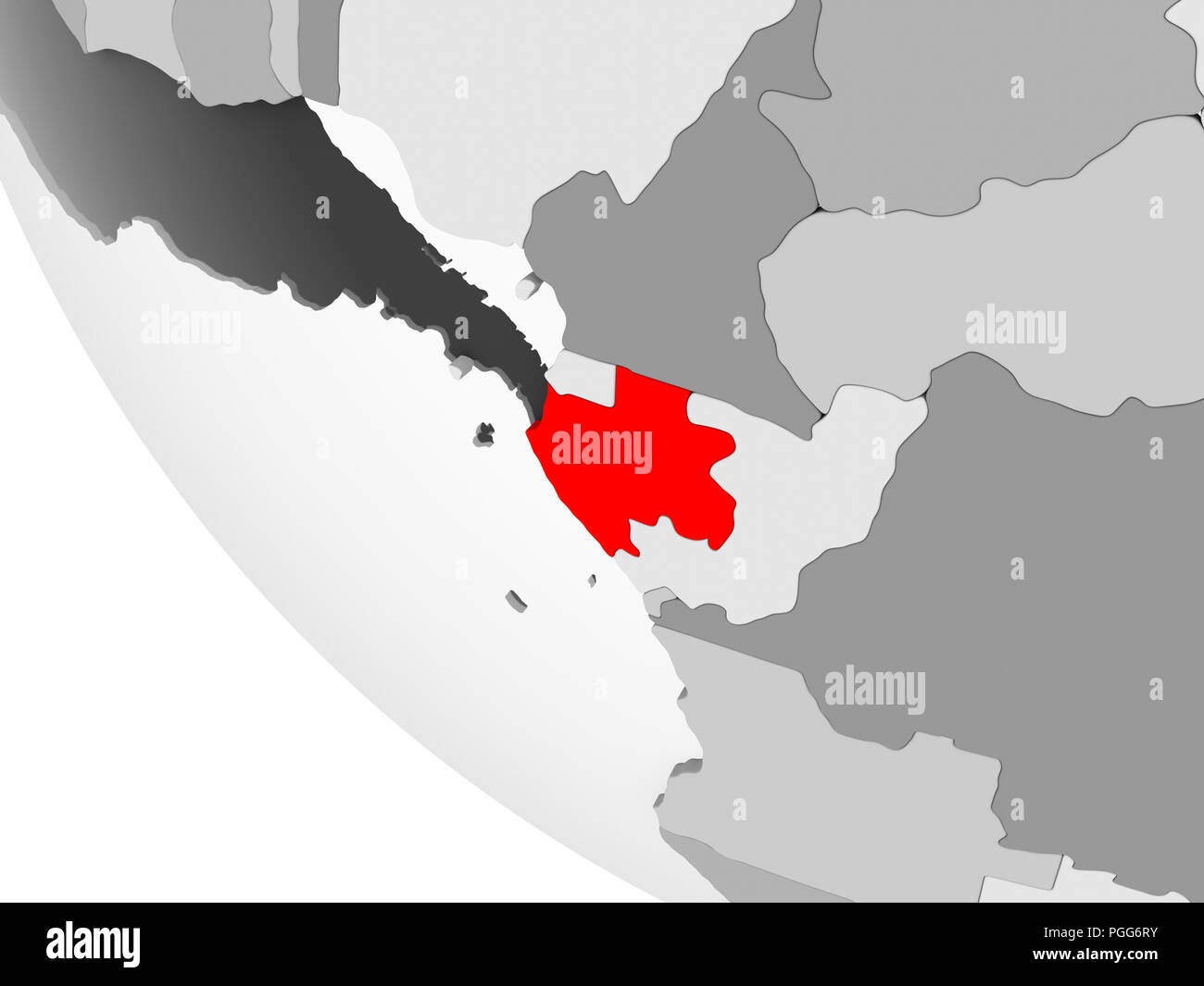 Gabon in red on simple grey political globe with visible country ...