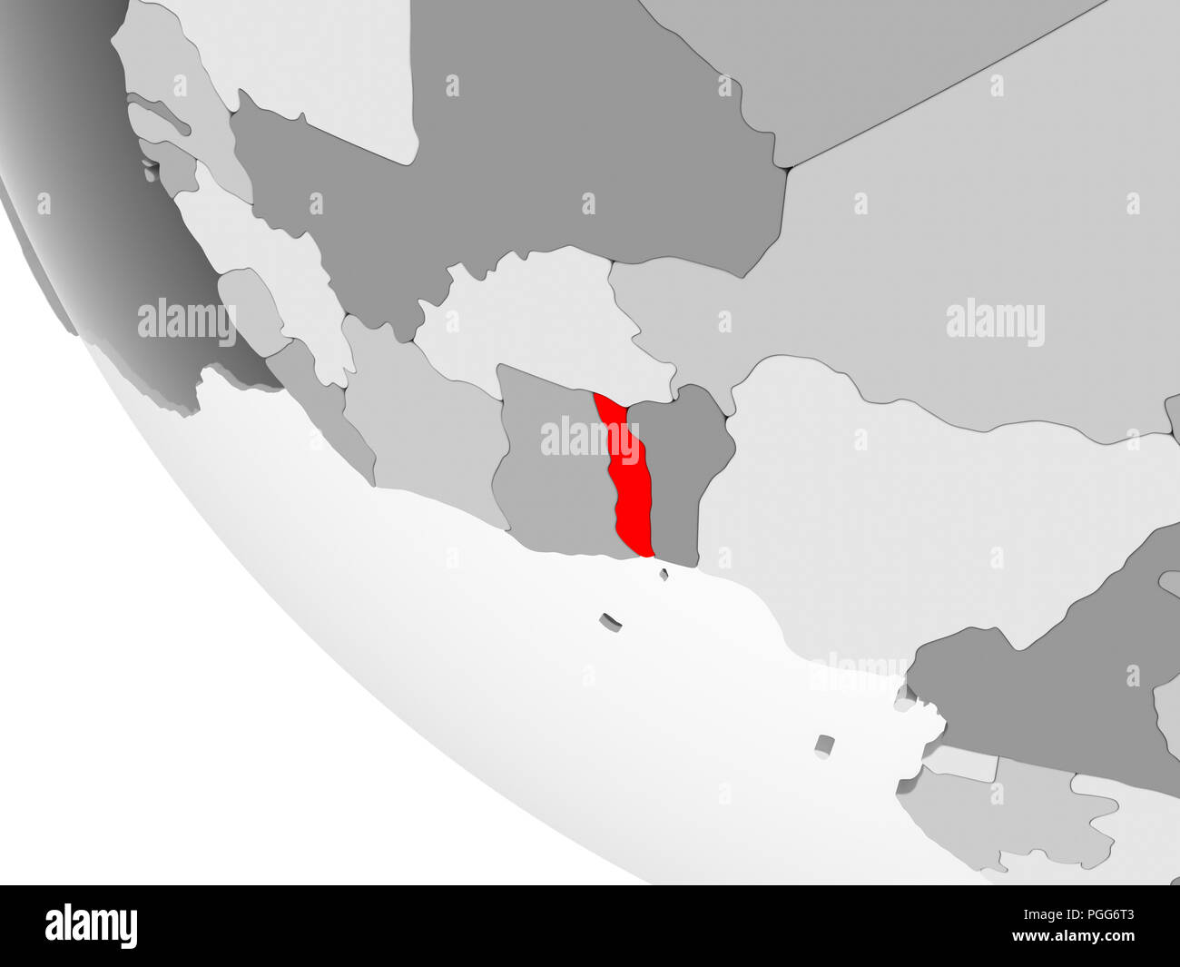 Togo in red on simple grey political globe with visible country borders ...