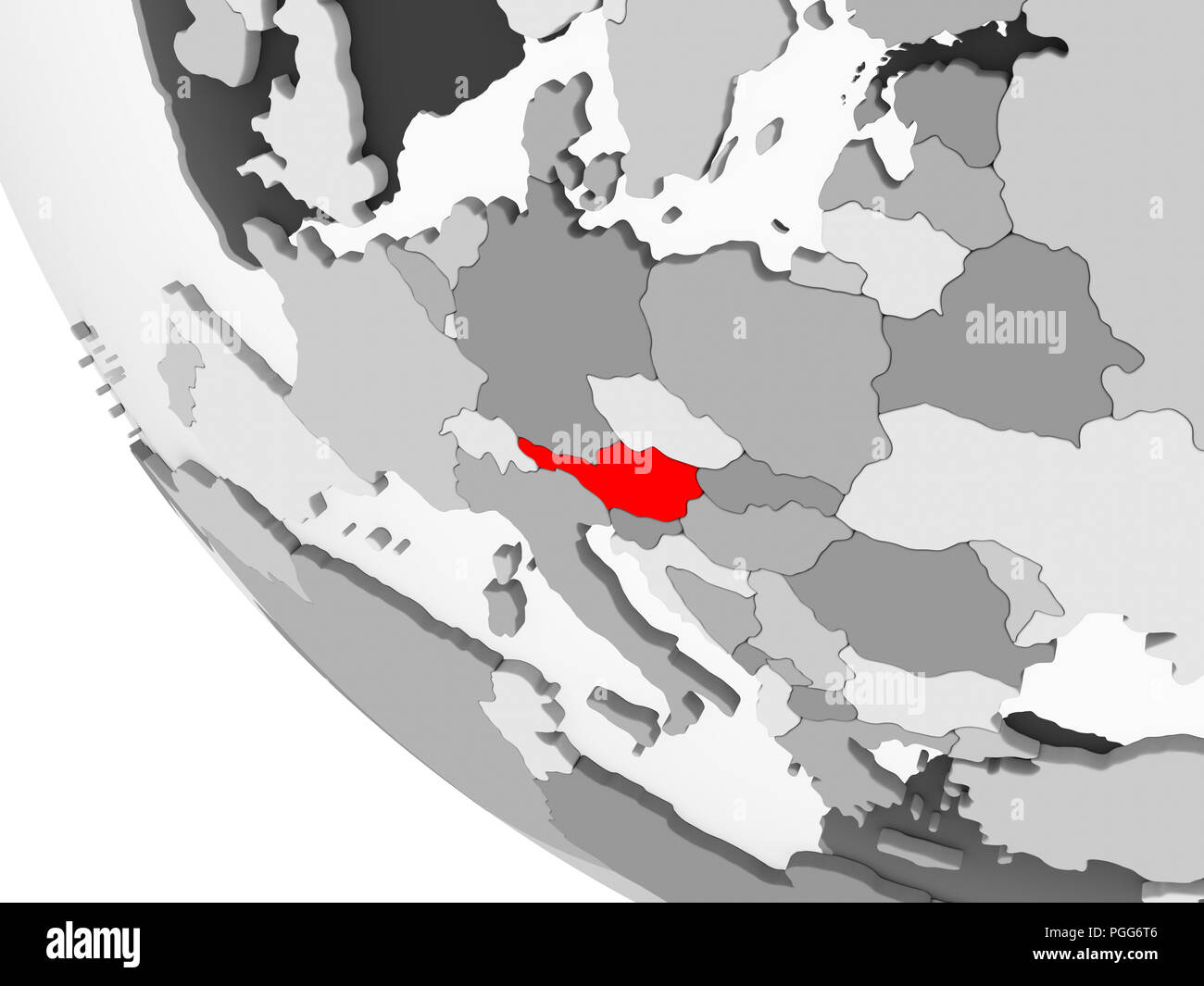 Austria in red on simple grey political globe with visible country ...