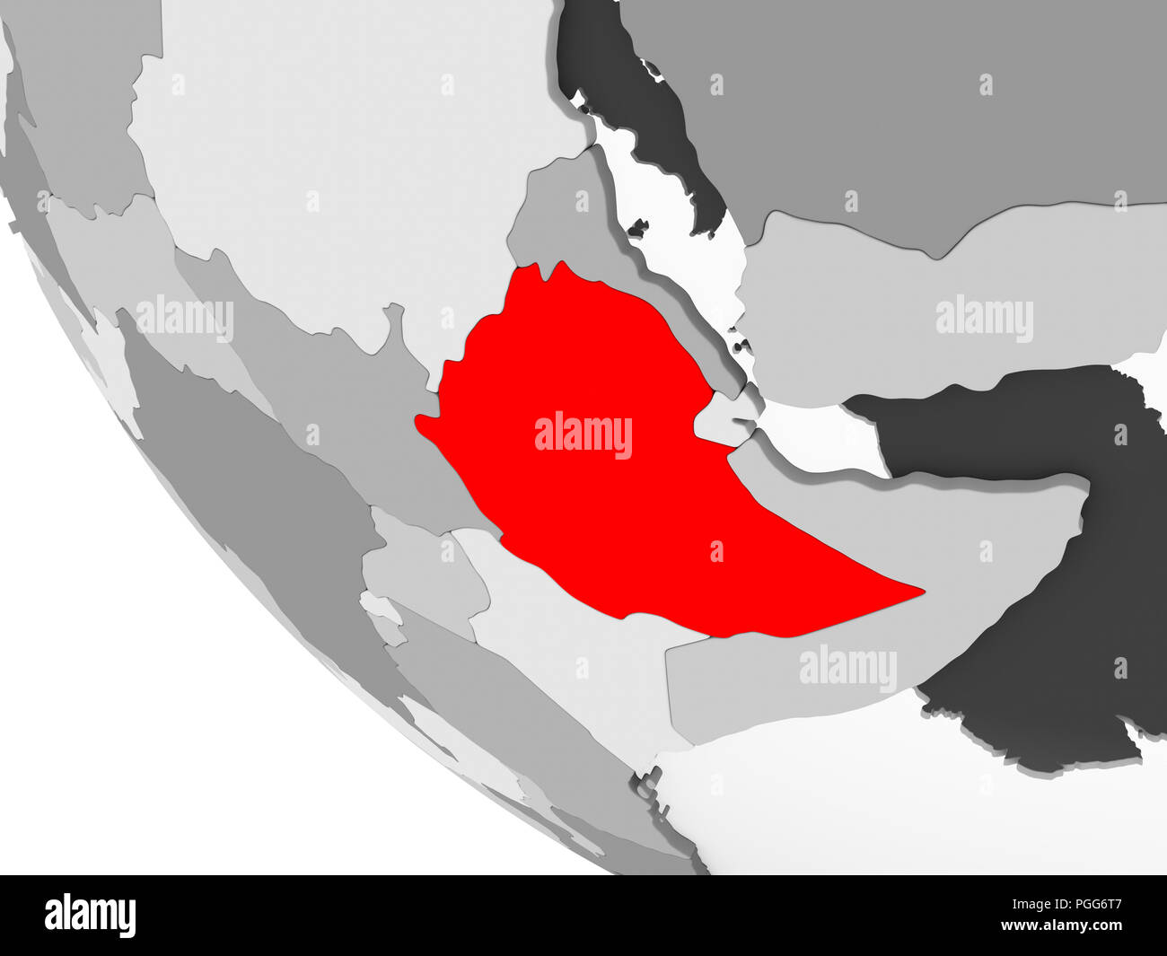 Ethiopia in red on simple grey political globe with visible country ...