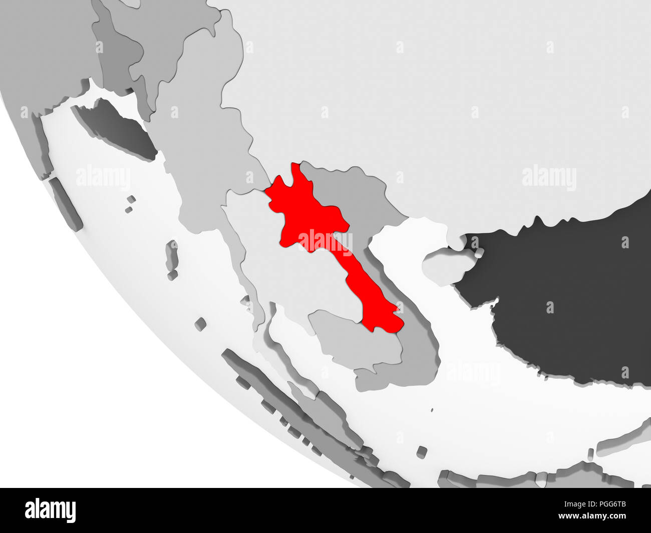 Laos in red on simple grey political globe with visible country borders ...