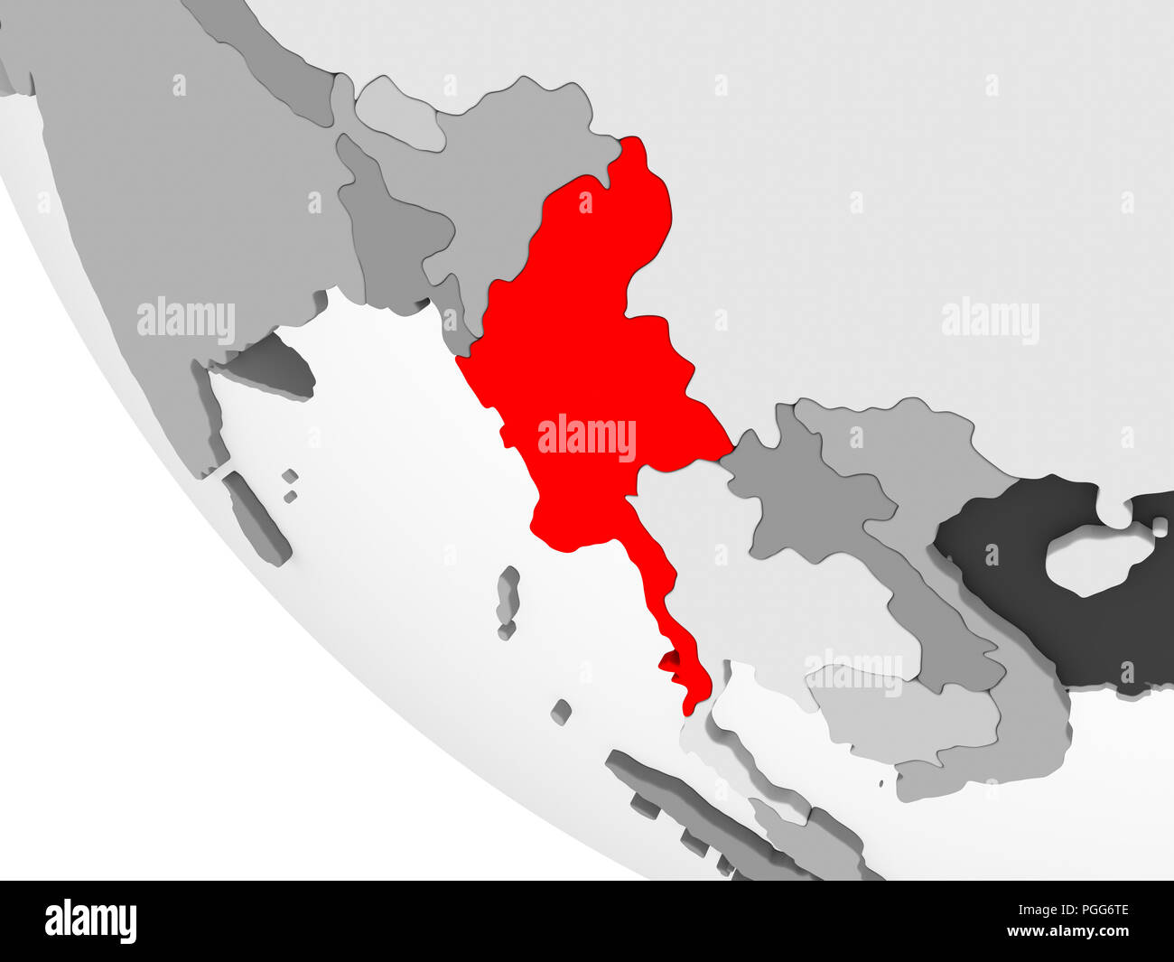 Myanmar in red on simple grey political globe with visible country ...