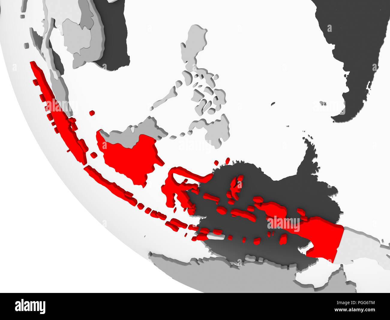 Indonesia in red on simple grey political globe with visible country ...
