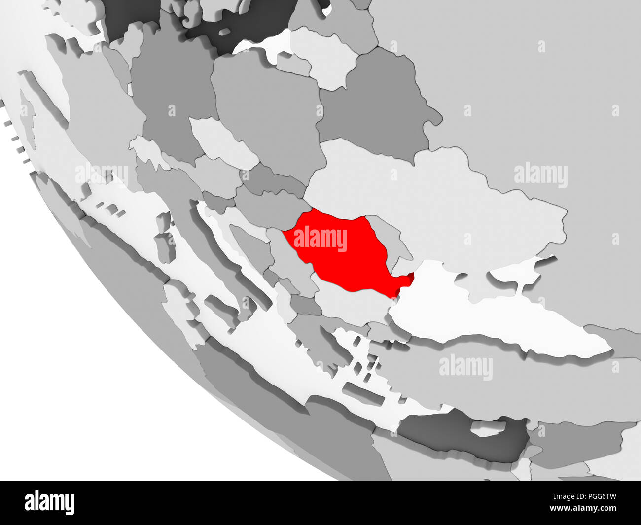 Romania in red on simple grey political globe with visible country ...