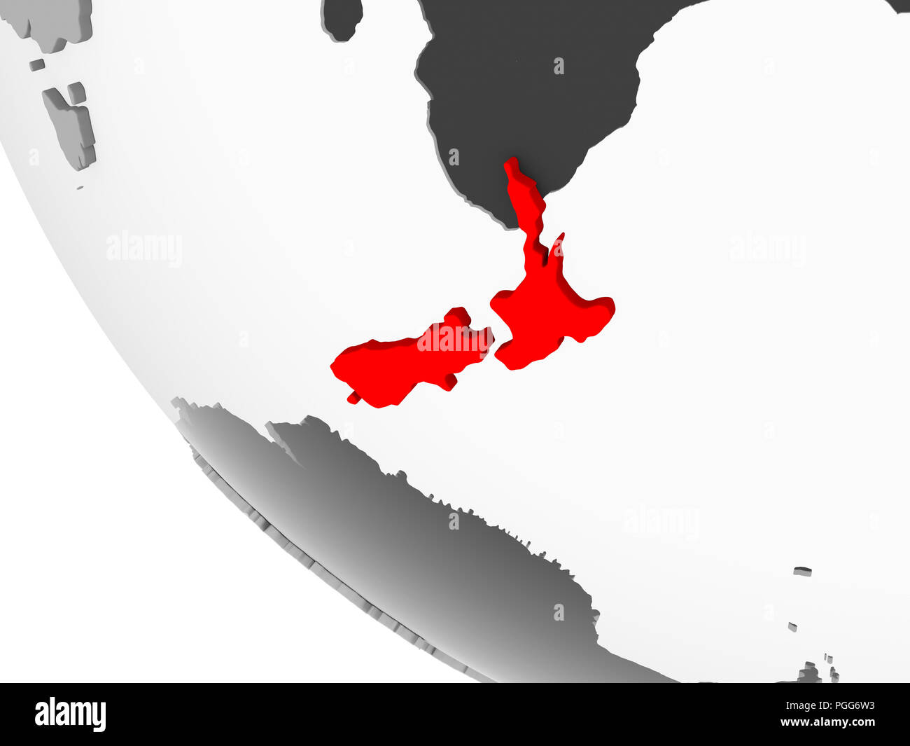 New Zealand in red on simple grey political globe with visible country ...