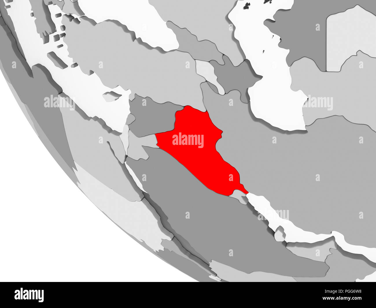 Iraq in red on simple grey political globe with visible country borders ...