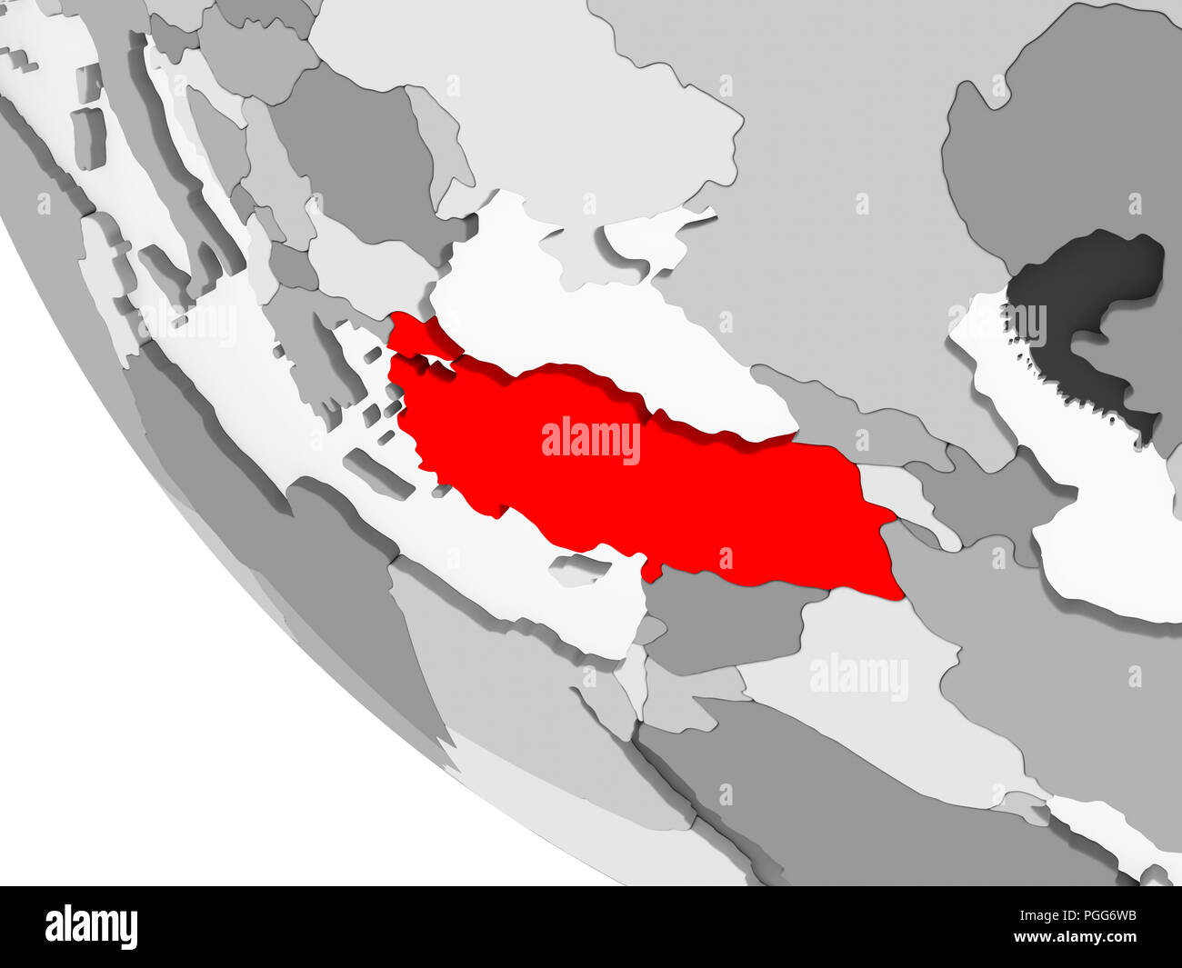 Turkey in red on simple grey political globe with visible country ...