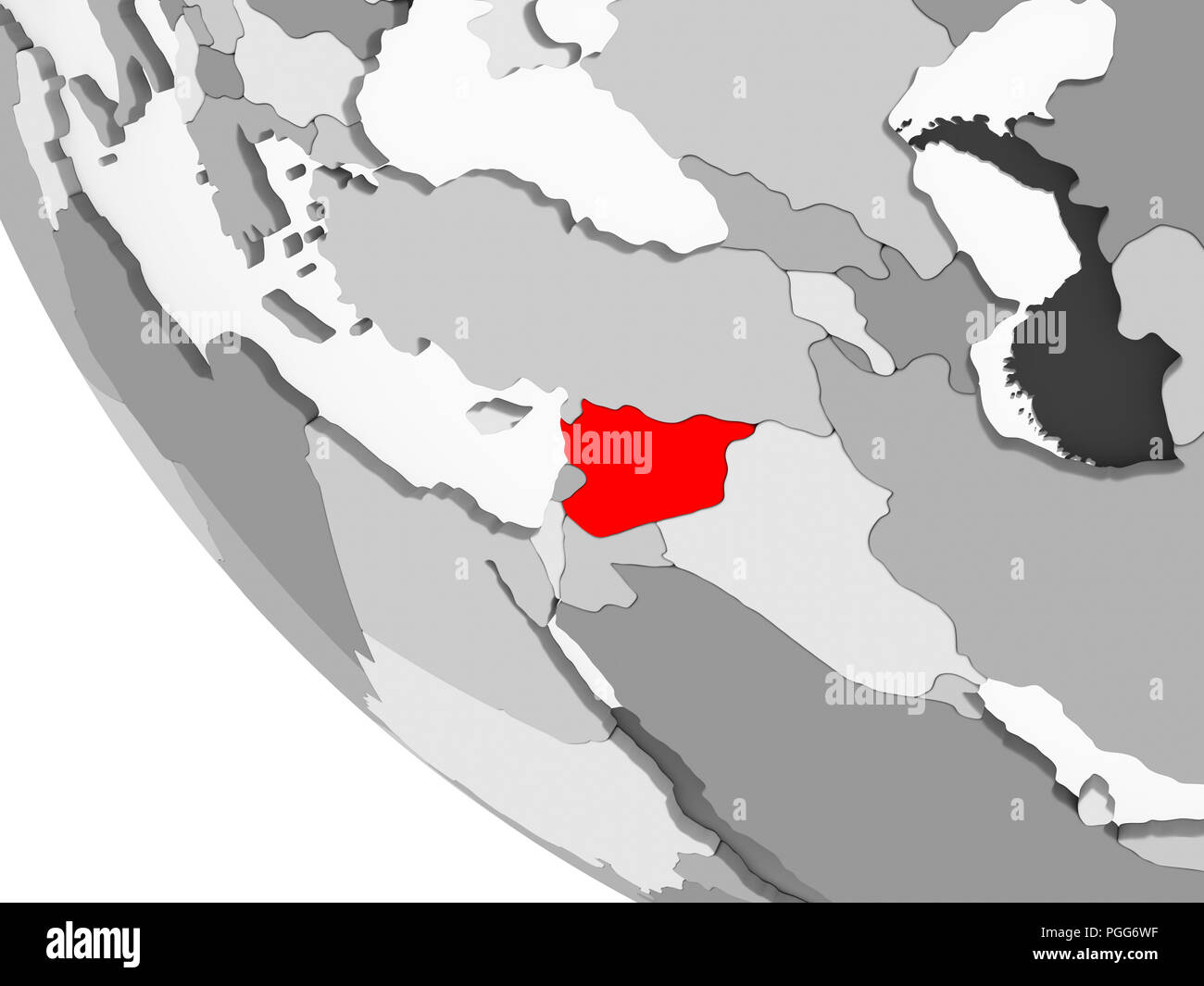 Syria in red on simple grey political globe with visible country ...