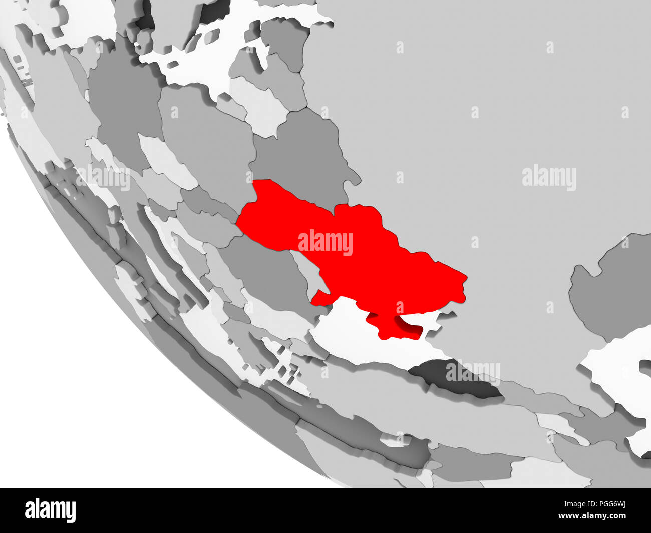 Ukraine in red on simple grey political globe with visible country ...