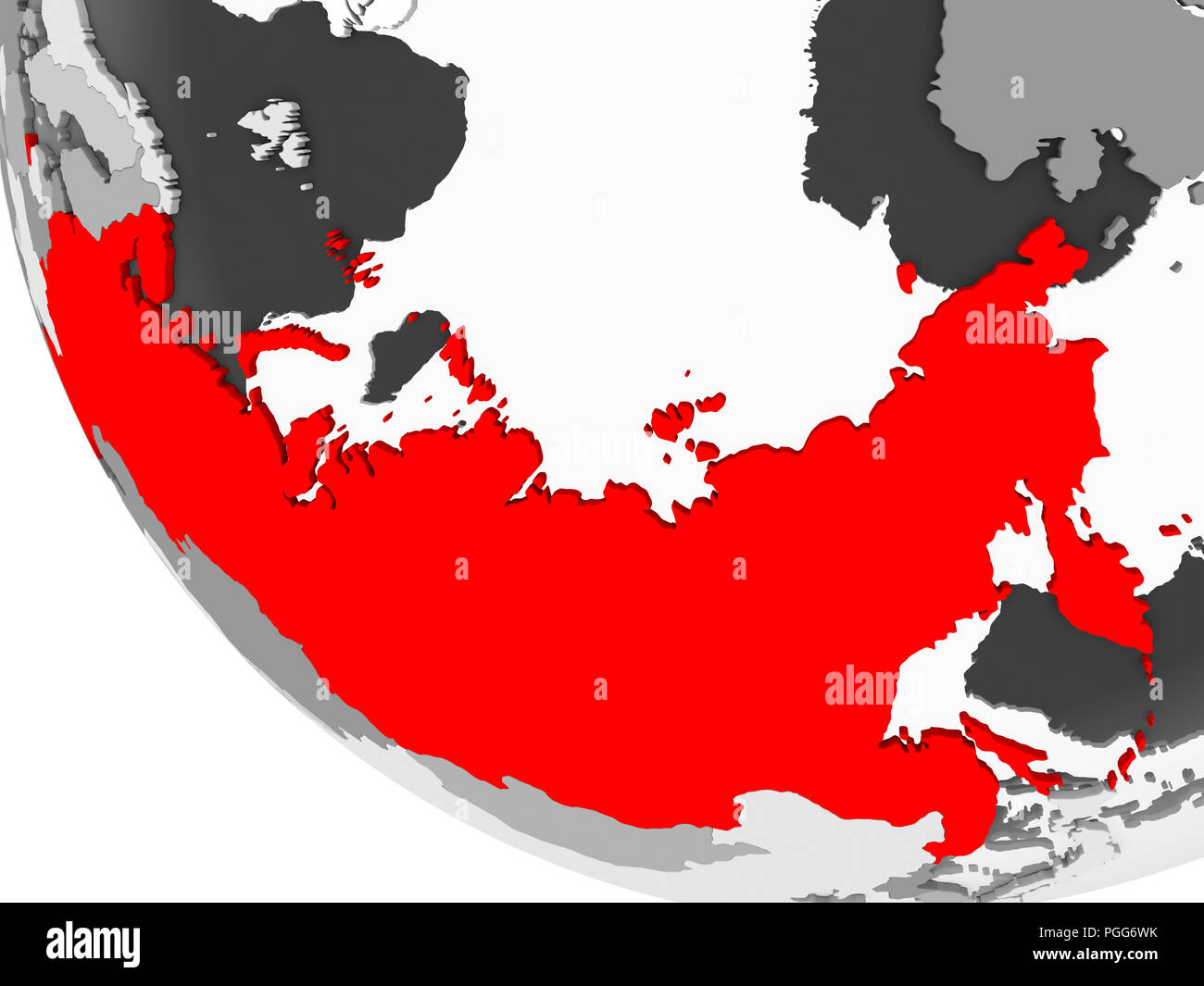 Russia in red on simple grey political globe with visible country ...