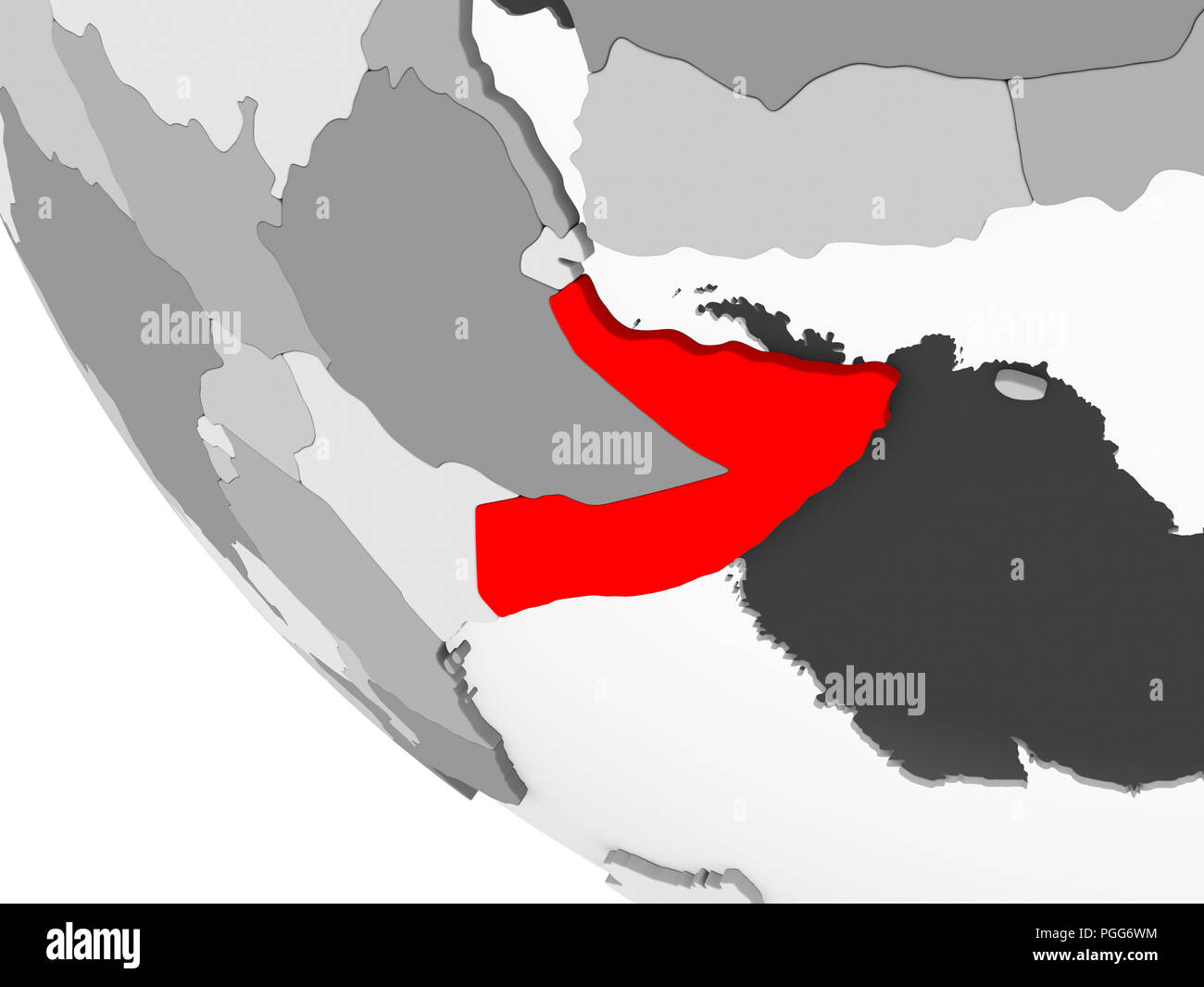 Somalia in red on simple grey political globe with visible country ...
