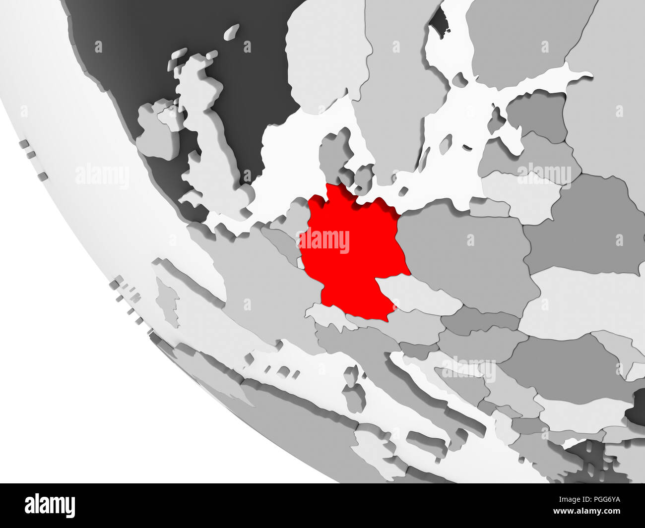 Germany in red on simple grey political globe with visible country ...