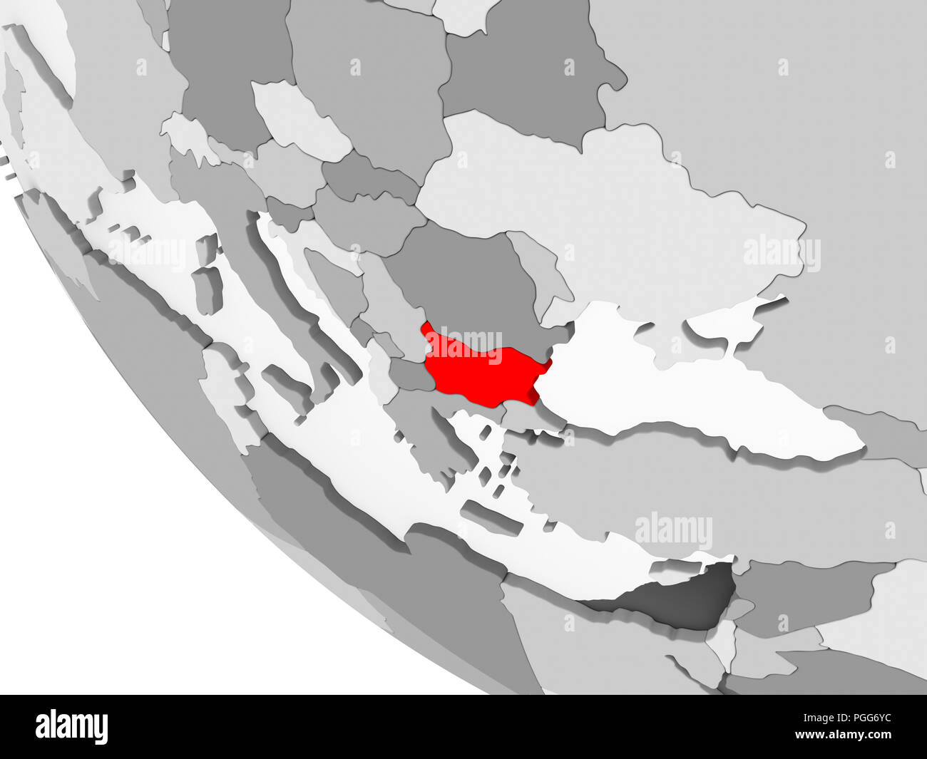 Bulgaria in red on simple grey political globe with visible country ...