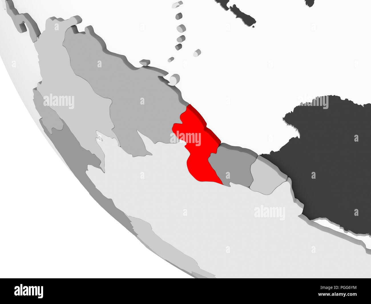 Guyana in red on simple grey political globe with visible country ...
