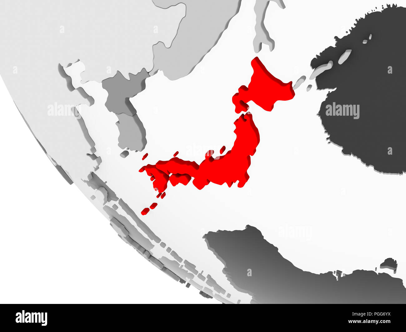 Japan in red on simple grey political globe with visible country ...
