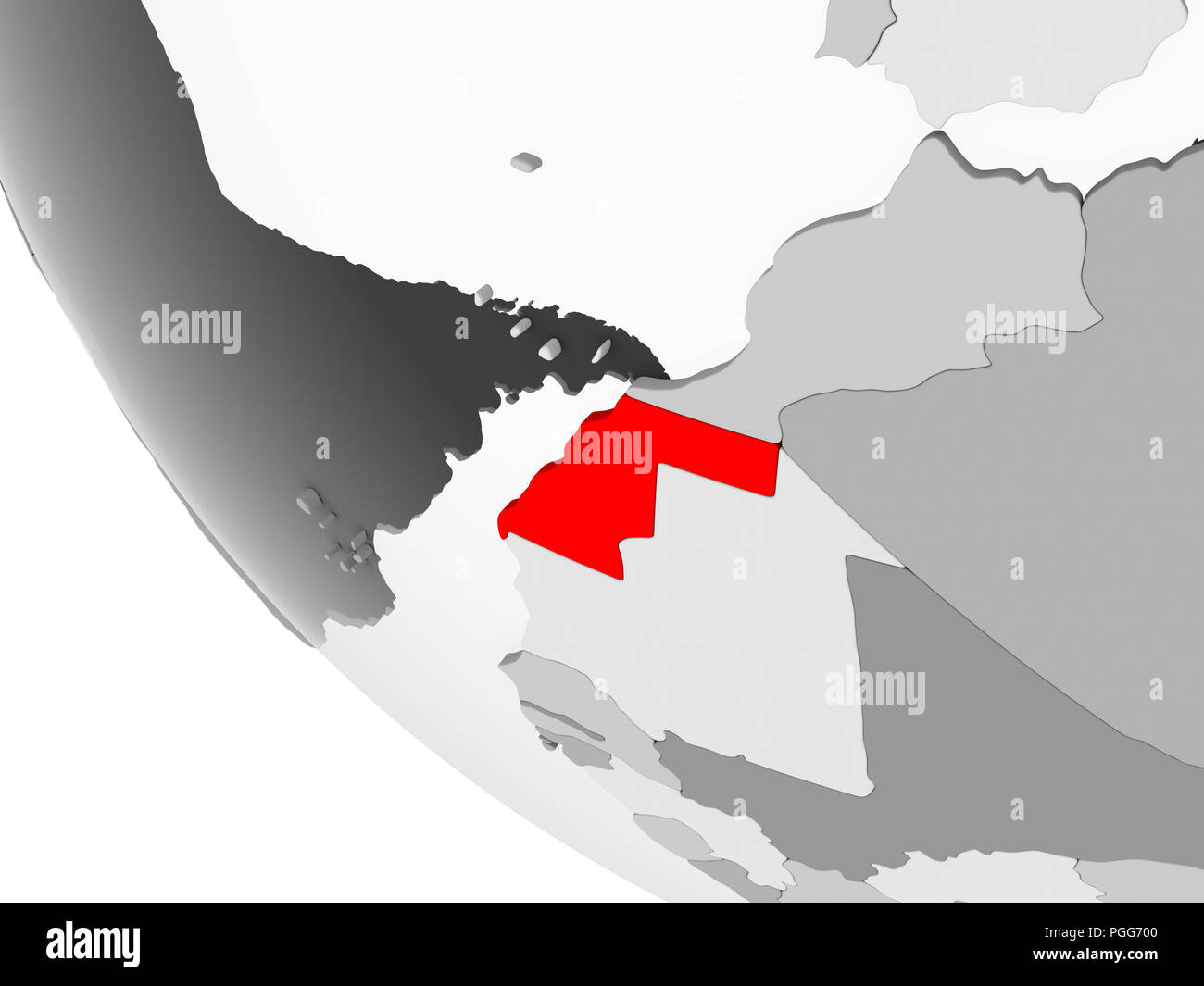 Western Sahara in red on simple grey political globe with visible ...
