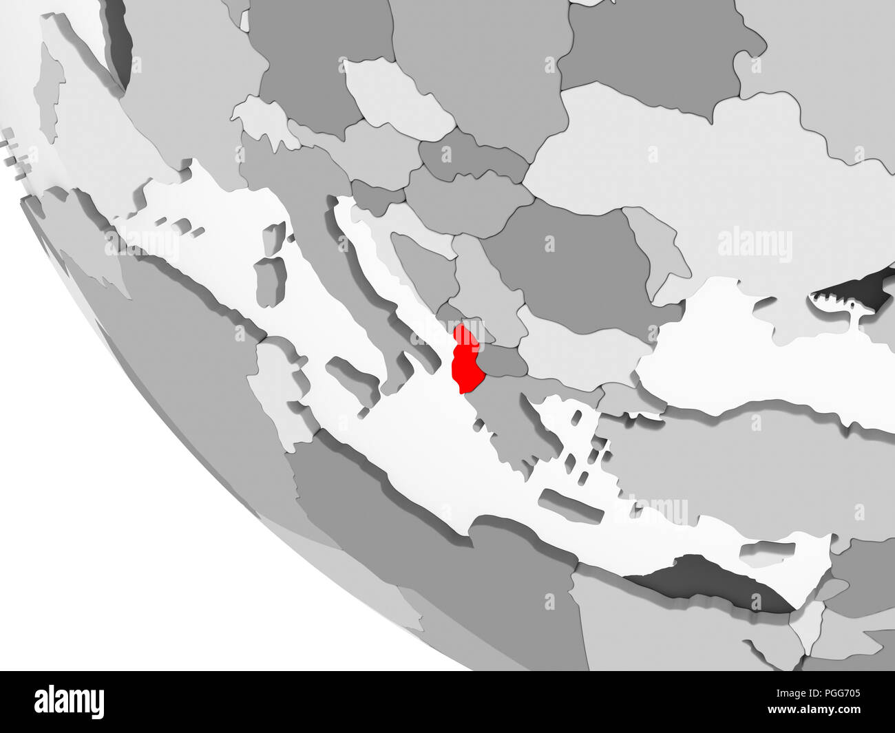 Albania in red on simple grey political globe with visible country ...