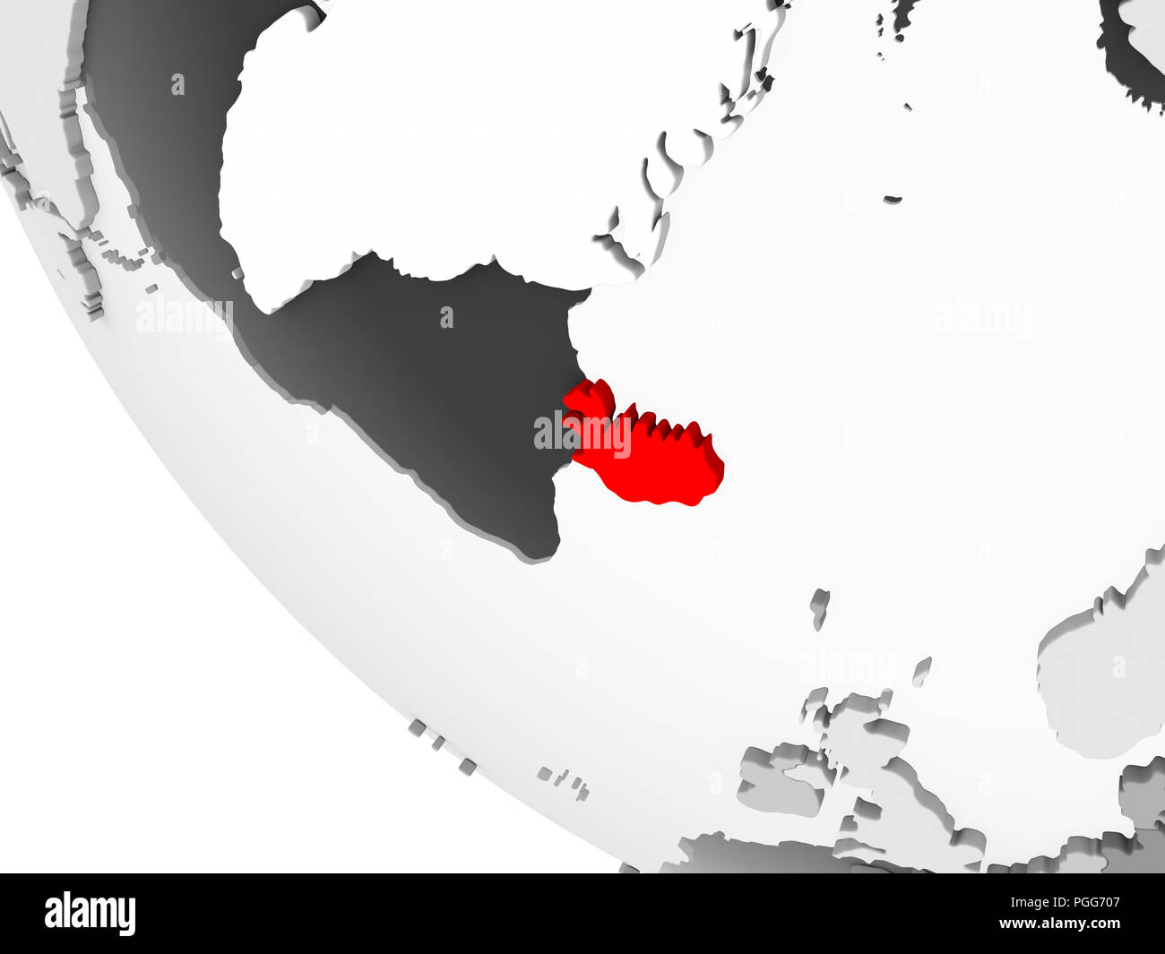 Iceland in red on simple grey political globe with visible country ...