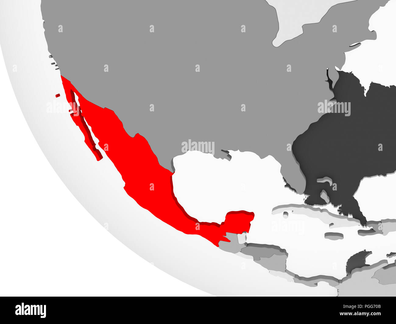 Mexico in red on simple grey political globe with visible country ...