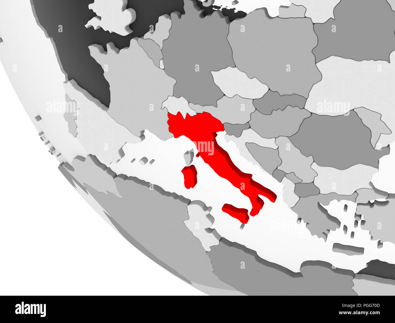 Italy in red on simple grey political globe with visible country ...