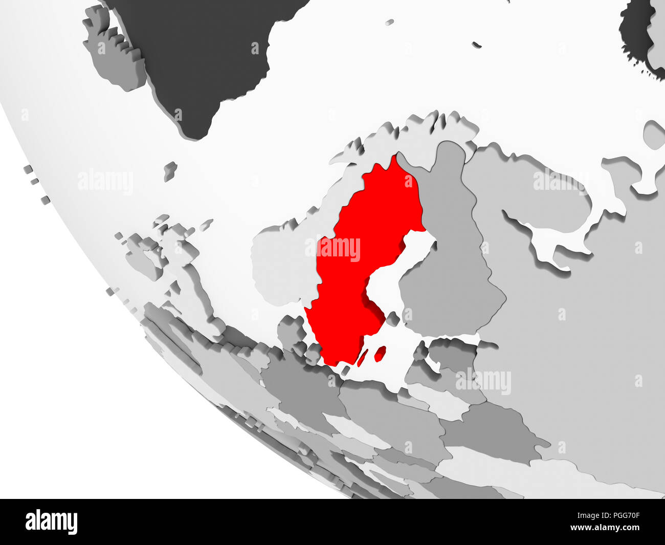 Sweden in red on simple grey political globe with visible country ...