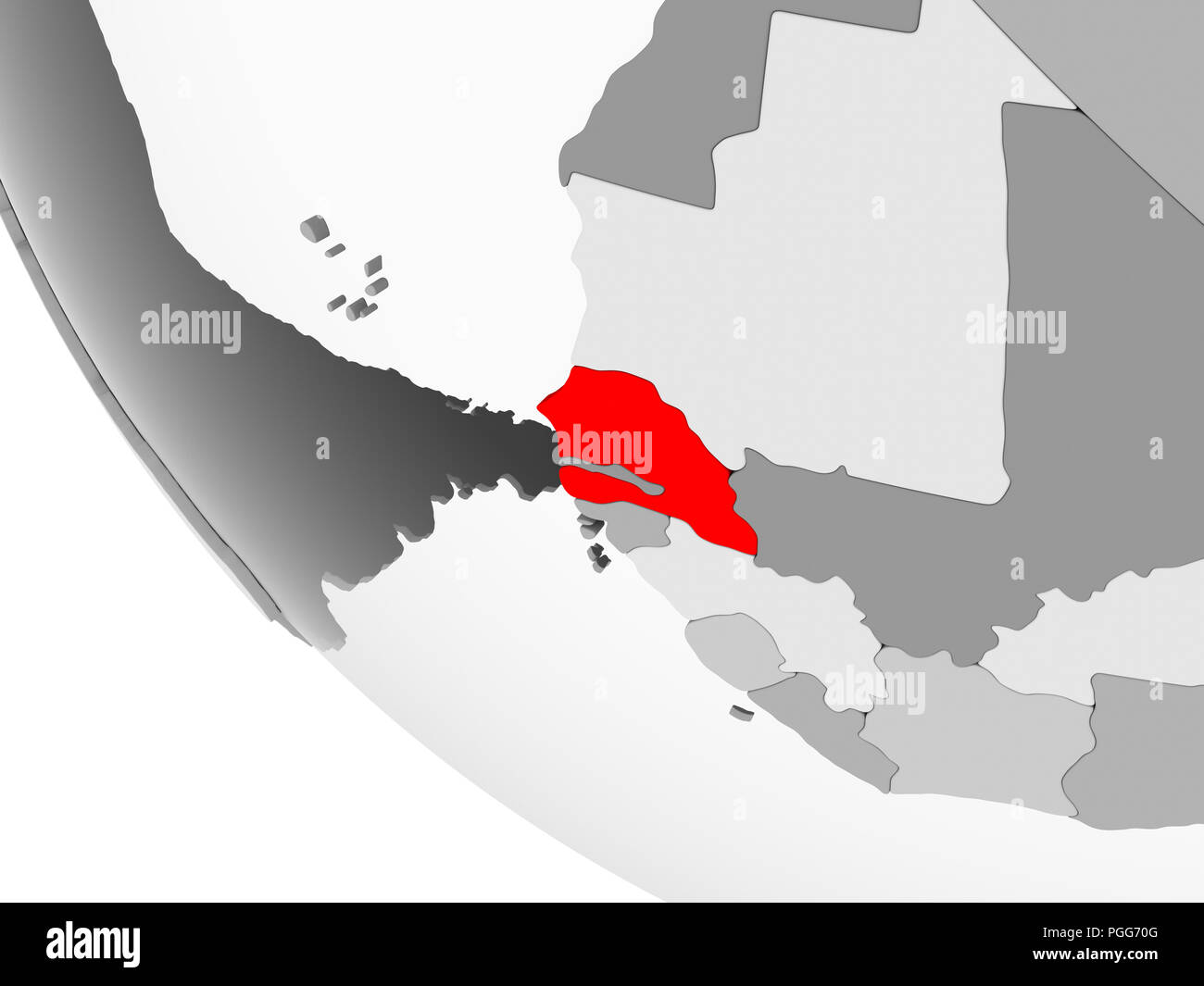 Senegal in red on simple grey political globe with visible country ...