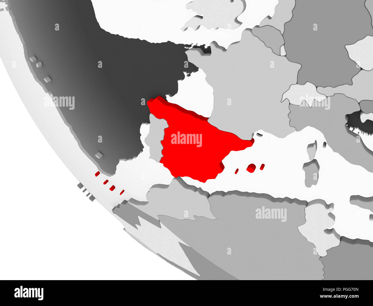 Spain in red on simple grey political globe with visible country ...