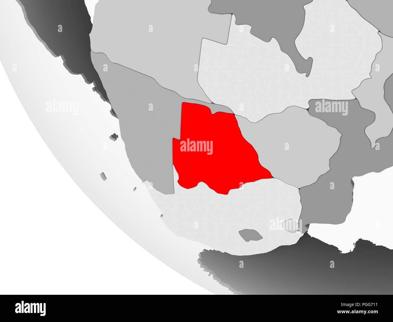 Botswana in red on simple grey political globe with visible country ...