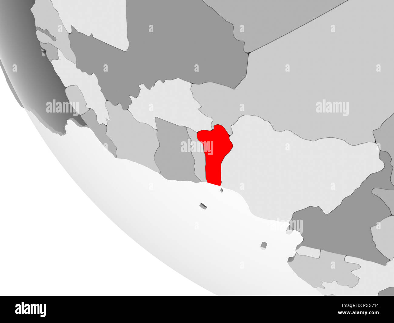 Benin in red on simple grey political globe with visible country ...