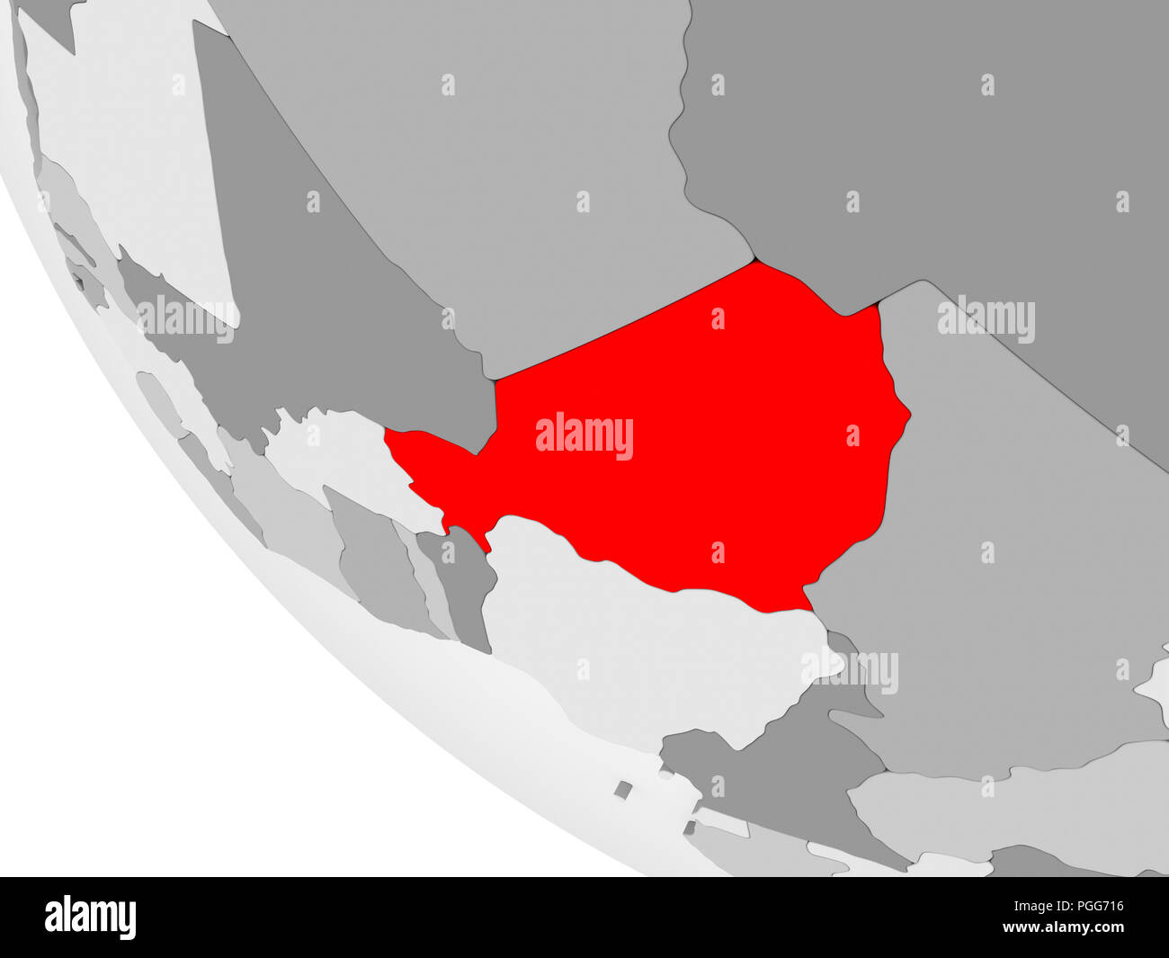 Niger in red on simple grey political globe with visible country ...